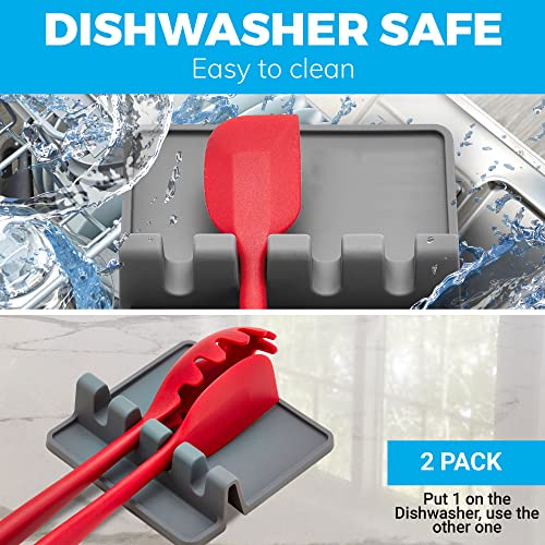 Grey Silicone Spoon holder for Stove Top with Drip Pad (Two Pack) - Heat Resistant, BPA Free Utensil Rest & Spoon Rest for Kitchen Counter - Grill Utensil Holder for Spatulas, Tongs, Ladles