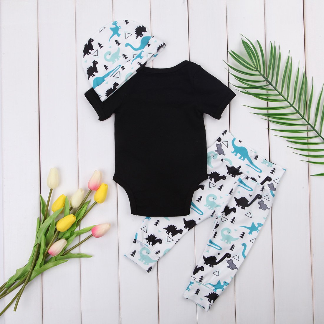 Hello Im New Here Infant Baby Boy Dinosaur Outfit Romper Pant Hat Clothes Set (0-3 Months, Black+White)