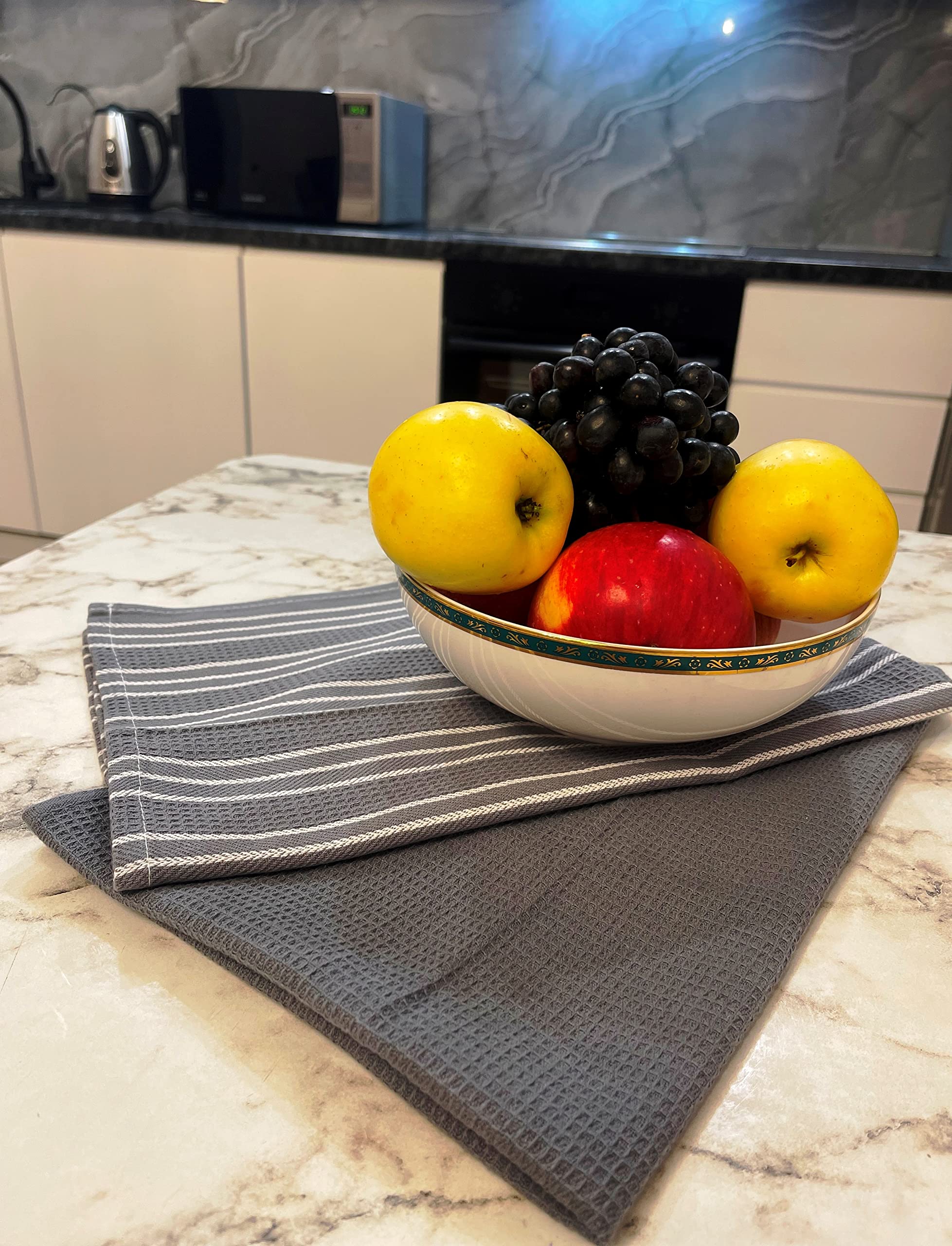 Akma's textile 100% Natural Cotton Kitchen Towels (17”x 28”, 3 Pack), Set of 3 Waffle Weave Tea Towels, Highly Absorbent Cloth Dish Napkins, Quick Drying Dish Towels, Classic Cloth Napkins, Dark Gray