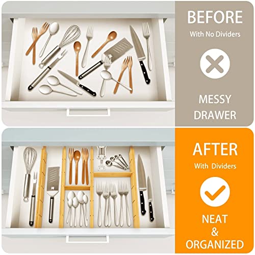 SAUStrongBe Adjustable Bamboo drawer dividers with 4 dividers,6 inserts, Spring Loaded adjustable drawer organizer, Expandable Organization for Home, Office, Dressers and Bathroom (17- 22 in)
