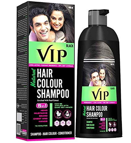VIP 5 in 1 Hair Color Shampoo (400ml Bottle + 2 Sachets) (black) For Hairs, Mustache, Beard, Chest & hands, Ammonia Free Instant Hair Colour Can be Applied with Bare Wet hands