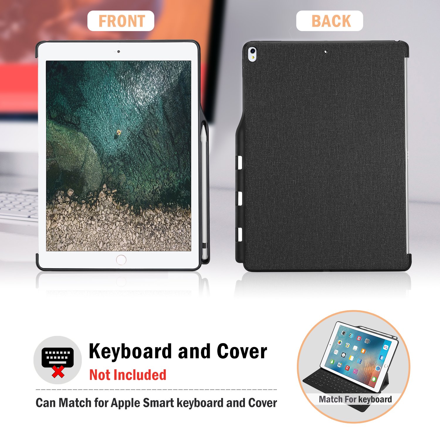 ProCase for iPad Pro 12.9 2017/2015 Companion Back Cover Case, with Pencil Holder for iPad Pro 12.9 Inch (Both 2017 and 2015 Models), Match for Smart Keyboard and Smart Cover -Black
