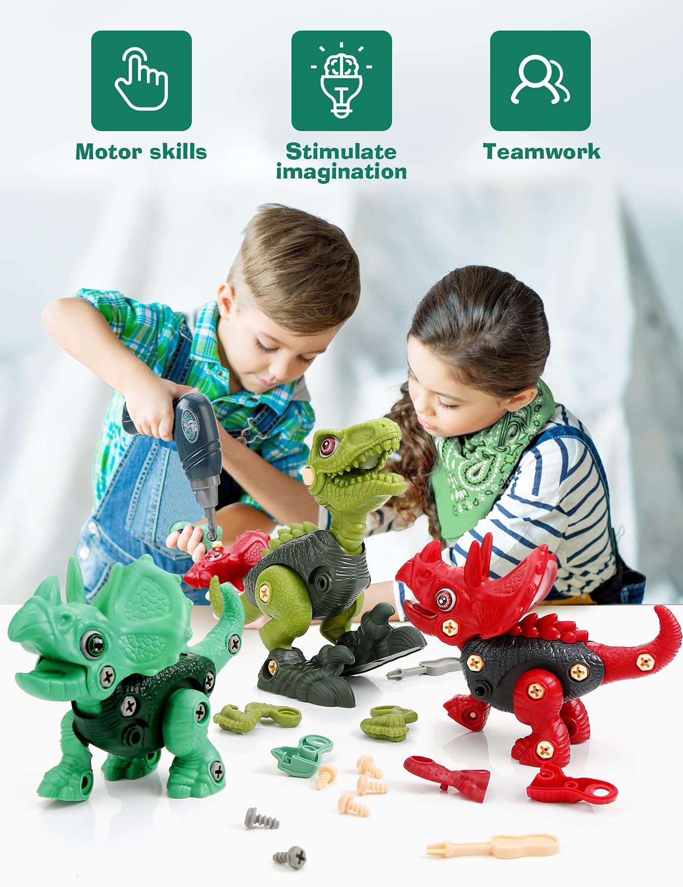 EduCuties Dinosaur Toys for Kids 3-5, Take Apart Dino Games for Boys Girls Age 5-7, Construction Building Educational STEM Sets with Electric Drill for Children Birthday Present