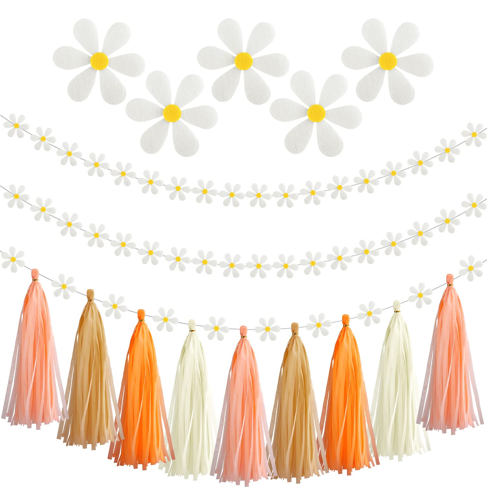 Tudomro 2 Pcs Daisy Groovy Boho Garland with 20 Pcs Paper Tassels, Groovy Party Decorations Hippie Daisy Felt Banner Artificial Daisy Party Favor for Wedding Birthday Party Bridal Decorations(Daisy)