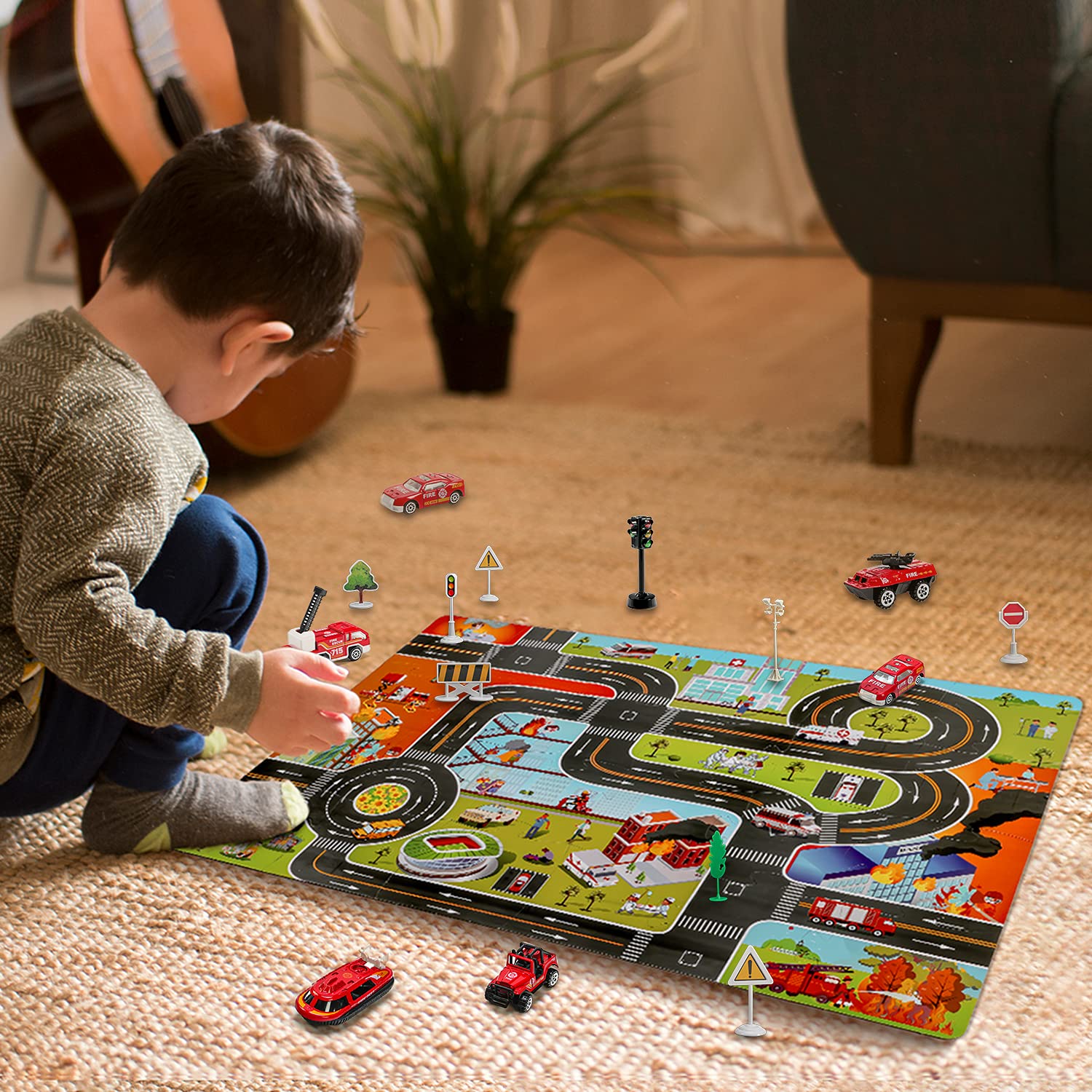 Fire Truck Toy Set,6 Pack Die-cast Fire Engine Model Car Toys,6 Pack Firefighter,Mini Alloy Metal Pull Back Car Toy with Large Jigsaw Fire Rescue Play Mat for Kids Boys Girls Toddler
