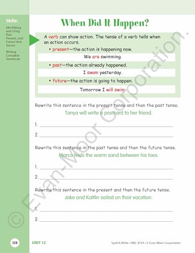 Evan-Moor Skill Sharpeners Spell and Write Workbook, Grade 3, 120 Spelling Words, Test Prep, Word Families, Short Vowels, Grammar, Punctuation, Creative Writing, Vocabulary, Activities, Homeschool