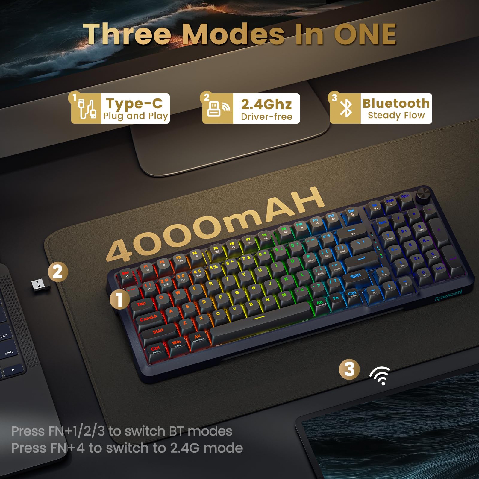 Redragon Mechanical Keyboard Wireless, Gaming Keyboard Wireless 3-Modes 94 Keys Mechanical Keyboard Hot-Swap Socket, RGB Creamy Gaming Keyboard Gasket Structure for PC/Tablet/Laptop/Xbox/PS4