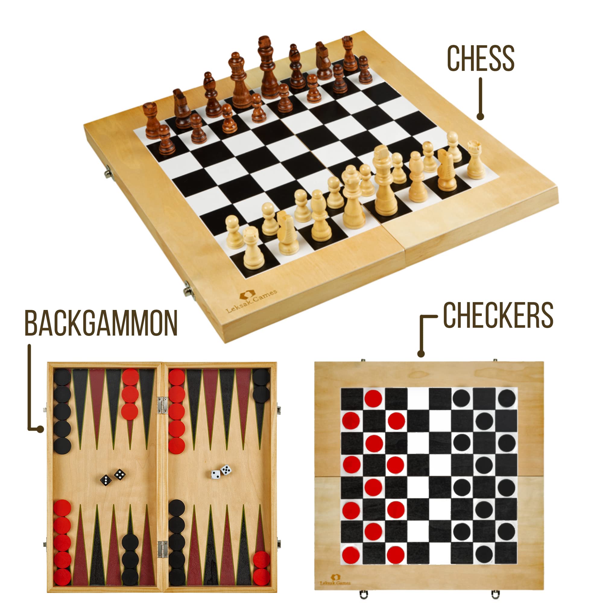 Leksak Games 16'' Wooden Chess Checkers Backgammon Set - 3 in 1 Board Games - Portable Travel Case Folding Board - Beginner Chess Set for Kids and Adults - 30 Checkers Pieces