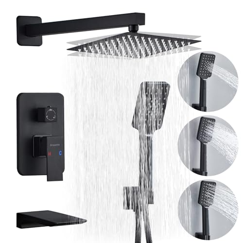 Arsuonta 8 Inch Square Black Shower Faucet Set with Tub Spout, Shower Combo System with 3-settings Touch Adjustment Handheld Showerhead High Pressure Balance Shower Valve Kit for Bathroom