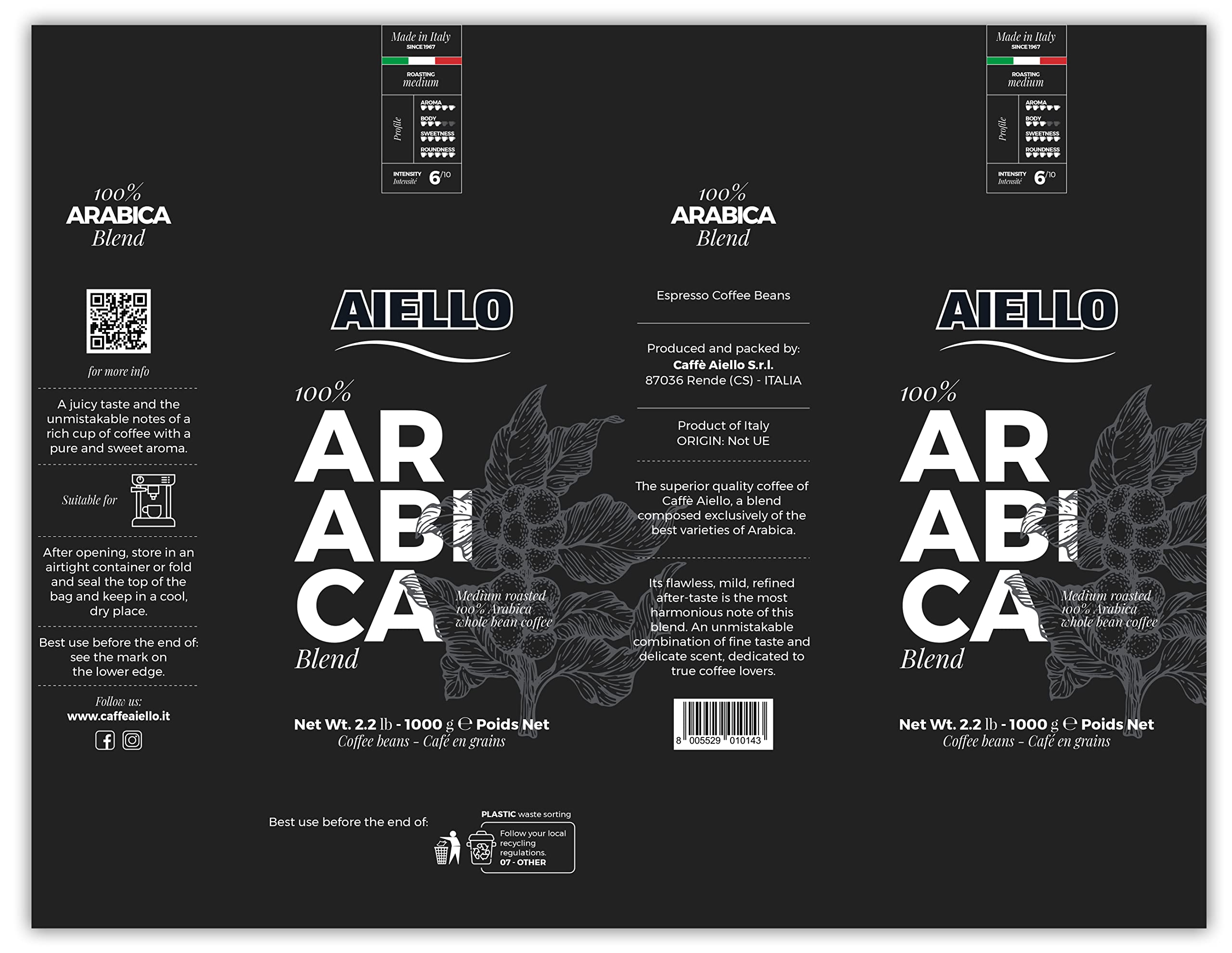 Aiello Caffe Italian Espresso Coffee Beans 2.2 LB Bag Arabica Whole Bean Coffee Blend Freshly Roasted and Blended in Southern Italy