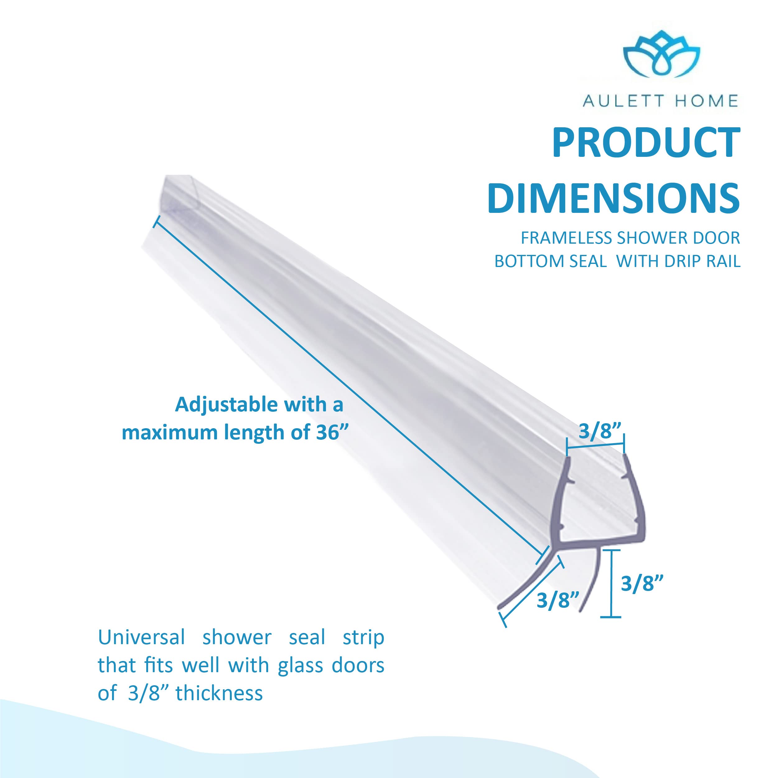 Aulett Home Frameless Shower Door Bottom Seal with Drip Rail - 3/8" x 36" Sweep - Glass Door Seal Strip to Stop Shower Leaks