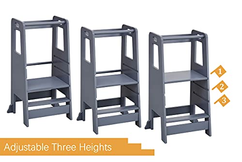 Kid's Wooden Kitchen Step Stool, Adjustable Platform Standing Tower, with Safety Guardrail Child Studying Tower, Toddler Stool for Bathroom, Cooking Helper(Grey)