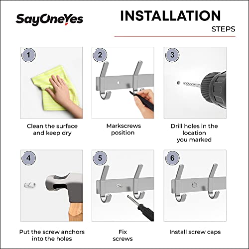 SAYONEYES Coat Rack Wall Mount with 6 Coat Hooks for Hanging - 17 Inch Heavy Duty SUS304 Stainless Steel Brushed Finish Waterproof – Wall Hook Rack for Bathroom Kitchen Entryway (Silver)