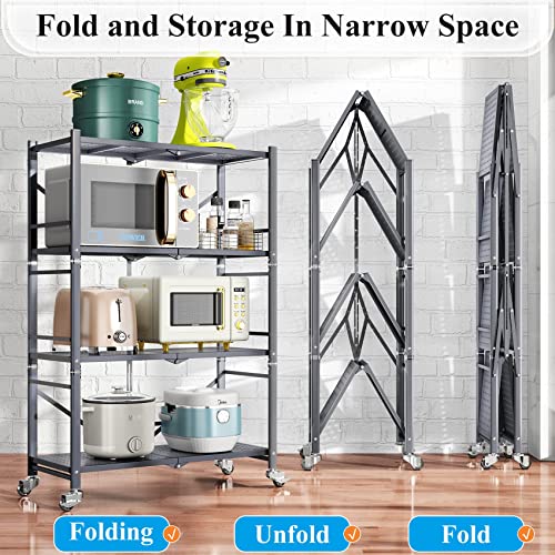 SAYZH 4-Tier Shelves, Foldable Metal Storage Shelves for Garage Plant Shoe Pantry Kitchen Microwave, Grey