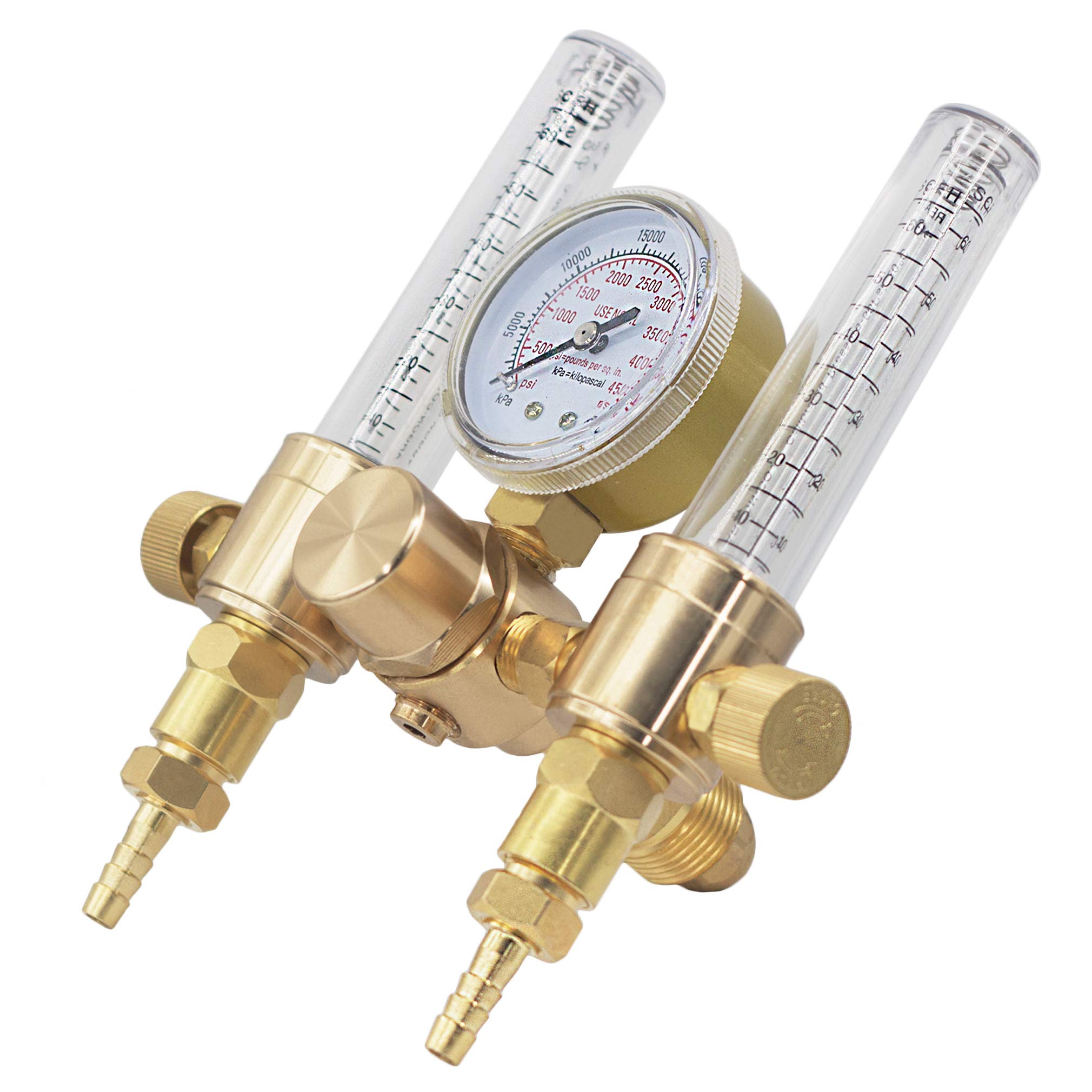 AWLOLWA Argon Regulator Dual Output CO2 Flowmeter for TIG MIG Welder Gas And Backpurge 60 SFCH - CGA 580 Inlet Connection And 5/8" x 18RH Outlet Fitting - Accurate Gas Metering Delivery System