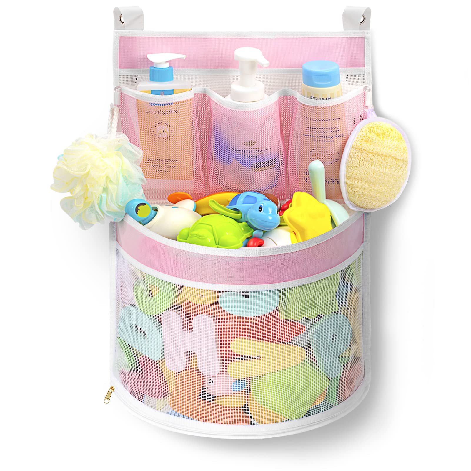 Ligereza bath toy storage,Rapid Drying, Multiple-Suspension Bath Toy Holder, Large Capacity Multi Use Bathtub Toy Storage Bag(1 Large, Pink)