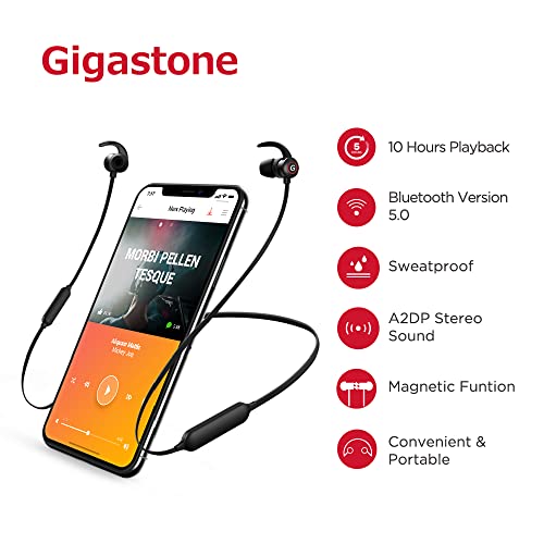 Gigastone Bluetooth 5.0 Neckband Sweat-Proof Headset with 10H Music Playtime, 240H Standby Time, Wireless Earphone for Sports Office with IPX4 Waterproof.
