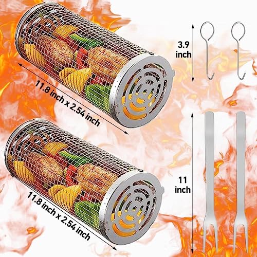 Grill Basket 2 PCS Rolling Grilling Baskets for Outdoor Grilling,Bbq Grill Grilling Basket Cylinder.Barbeque Stainless Steel Accessories for Fish, Shrimp, Meat, Vegetables, Fries (11.8 inch*2)