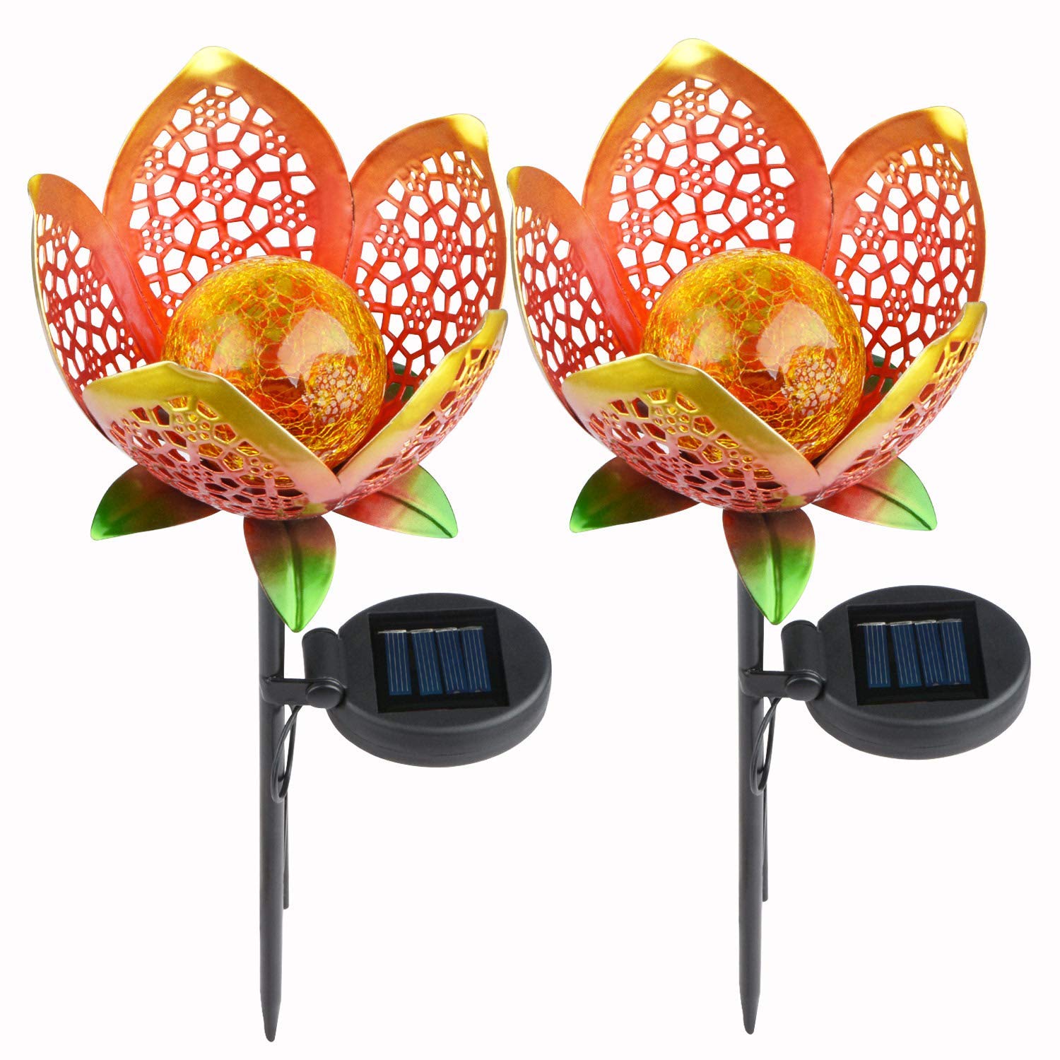 Firlar Garden Solar Lights Outdoors, 2pack Pathway Hollow Flower Stake Lights Waterproof Landscape Led Decorative Light for Patio, Walkways,Courtyard, Path,Yard, Lawn(Warm White)