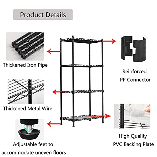 SORCEDAS Shelve 4 Tier Adjustable Utility Metal Storage Wire Rack Unit for Home Kitchen Garage Bathroom Office Indoor Black (Black, 4 Tier-Adjustable Feets)