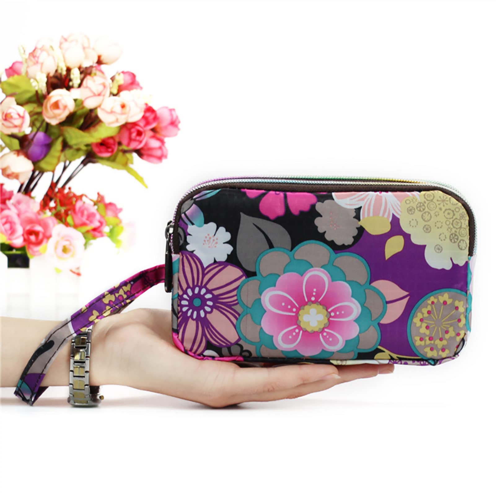 IKAXIYO Women Floral Print Cloth Wristlet Bag Coin Purse Zipper Wallet Cell Phone Pouch, Beautiful and Durable (A1)