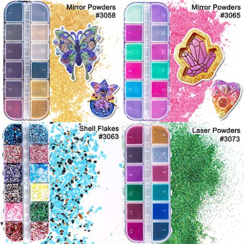 Iridescent Glitters, Holographic Sequins, Laser Flakes, Foil Chips, Beads, Mirror Chrome Pigment Powders, Resin Jewelry Making Kit Art Craft Supplies Pack of 22-Box 264 Designs