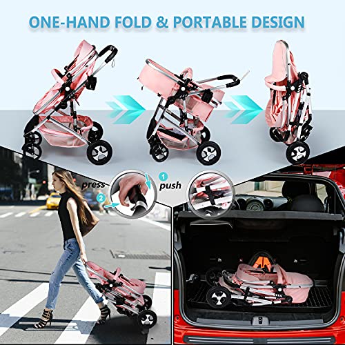 Kinder King 2 in 1 Convertible Baby Stroller, Folding High Landscape Infant Carriage, Newborn Reversible Bassinet Pram, Adjustable Canopy, Diaper Bag, Anti-Shock Toddler Pushchair Stroller, Pink