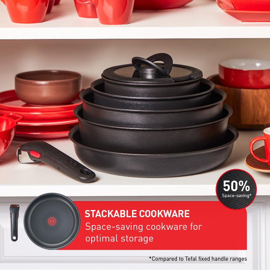 Tefal Ingenio Easy ON 7 piece Non-Stick Saucepan Set, 16&18&20 cm Saucepans, 16&18&20 cm Glass Lids, Bakelite Removable Handle, Easy Cleaning, Heat Indicator, Black, L1599602