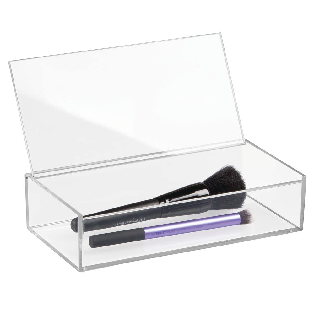 mDesign Small Makeup Organizer Box with Lid for Vanity Countertops, Cabinet - Store Makeup Brushes, Eye Shadow Palettes, Lipstick, Lip Gloss, Blush, Jewelry - Plastic, 2 Pack - Clear
