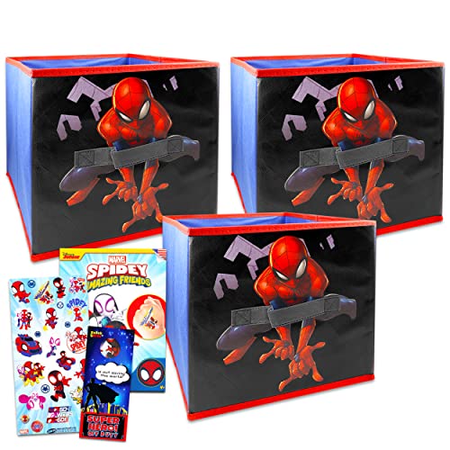Marvel Spider-Man Storage Bin 3 Pack ~ Superhero Room Accessories Bundle | Spiderman Storage Boxes for Kids Room Organization with Stickers and More (Marvel Room Decor)