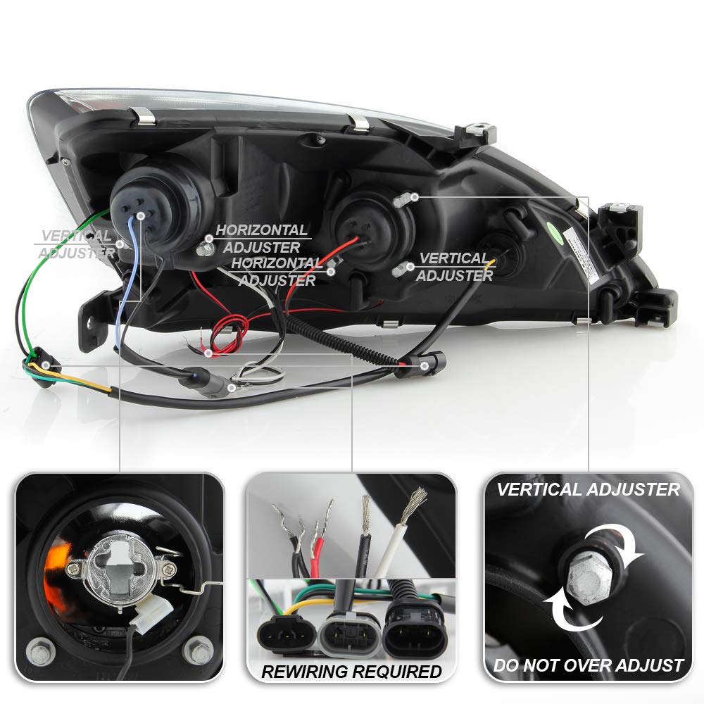 ACANII - For 2003-2007 Honda Accord LED Dual Halo Black Housing Projector Headlights Headlamps, Driver & Passenger Side