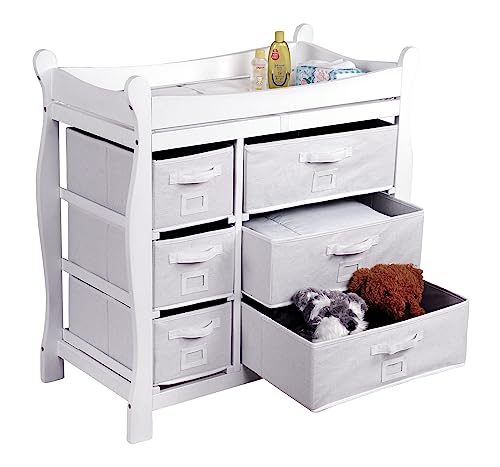 Sleigh Style Baby Changing Table with 6 Storage Baskets and Pad