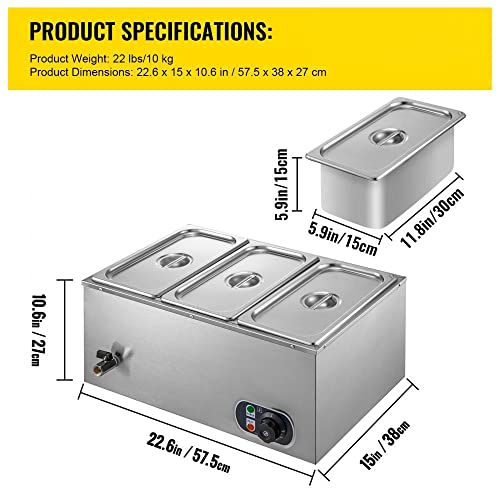 Commercial Food Warmer 110V, 3-Pan Electric Steam Table, Stainless Steel Buffet Bain Marie 16 Quart for Catering and Restaurants