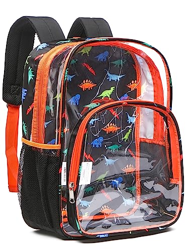 BLUEFAIRY Boys Clear Backpack Heavy Duty Stadium Approved Dinosaur Transparent Backpack Plastic See Through Bag for Kids for School Travel Gifts (Large Orange)
