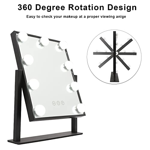 Hansong Lighted Vanity Mirror Makeup Mirror with Lights Hollywood Mirror with 9 LED Bulbs and Detachable 10X Magnification Black Vanity Mirror with Lights 360 Degree Rotation