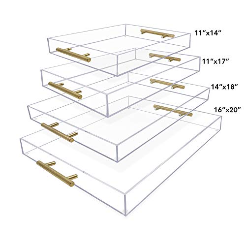 Isaac Jacobs Clear Acrylic Serving Tray (11x14) with Gold Metal Handles, Spill-Proof, Stackable Organizer, Food & Drinks Server, Indoors/Outdoors, Lucite Storage Décor (11x14, Clear with Gold Handle)