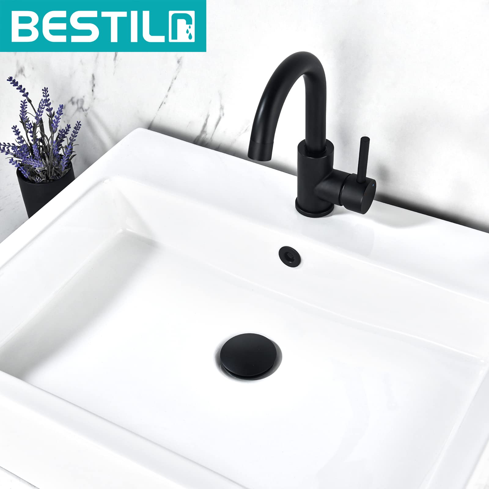 BESTILL Bathroom Vessel Sink Drain Stopper, Push Pop Up Drain with Overflow, Matte Black