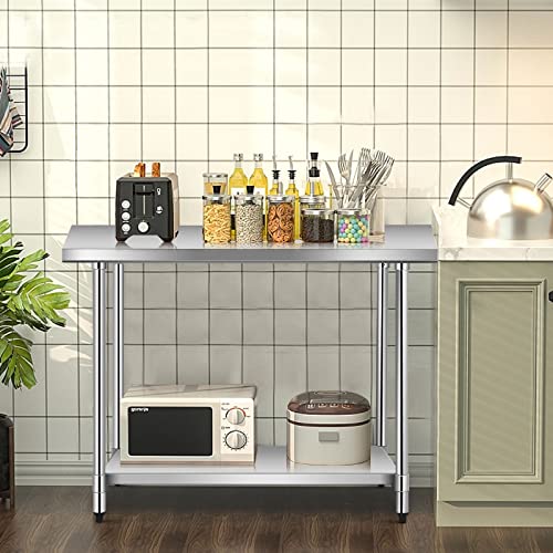 Giantex 48 x 30 Inches Stainless Steel Food Prep Table, Heavy Duty Commercial Kitchen Metal Table with Adjustable Lower Shelf and Plastic Feet, Steel Work Prep Table for Restaurant Home
