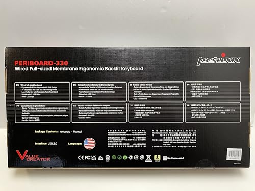 Perixx PERIBOARD-330B, Wired Ergonomic Keyboard with Adjustable Wrist Rest, Illuminated Keys, and Membrane Low Profile Keys, 2 Extra USB Ports, US English Layout