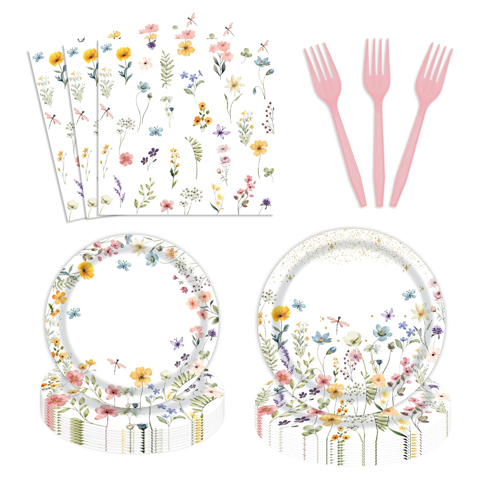96 Pcs Wildflower Party Supplies Paper Plates and Napkins Disposable Spring Floral Baby Shower Birthday Tableware Decorations for Spring Summer Picnic Wedding Tea Party, Serve 24 Guests