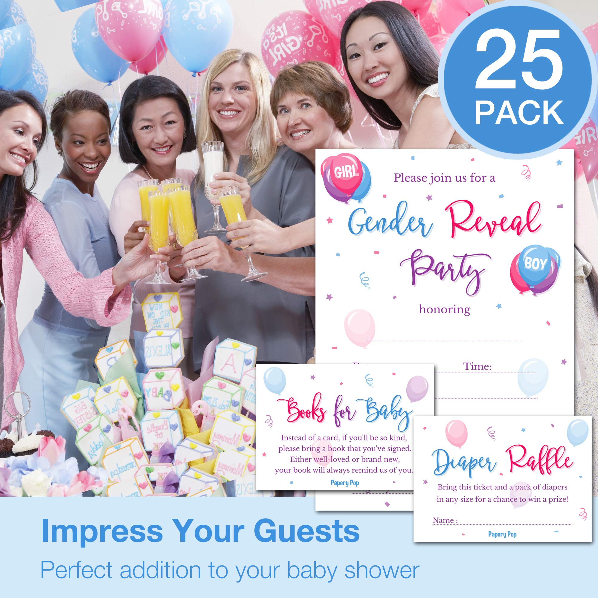 Set of 25 Gender Reveal Party Invitations with Envelopes, Diaper Raffle Tickets and Baby Shower Book Request Cards