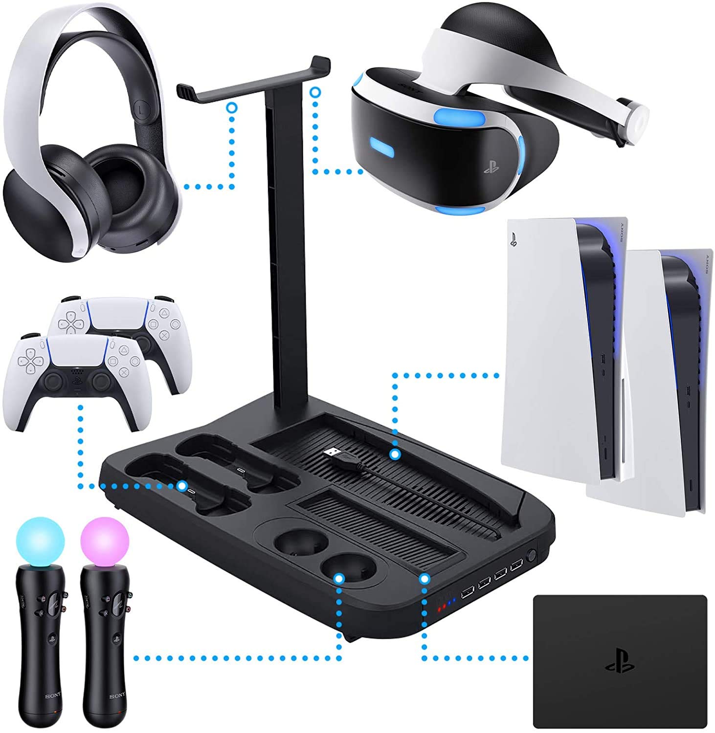 Charging Station for PS5 VR, PS VR Charging Display Stand - Showcase, Cool, Charge, and Display your PS5 VR - Playstation 5 Vertical Stand, Fan, Controller Charger and Hub