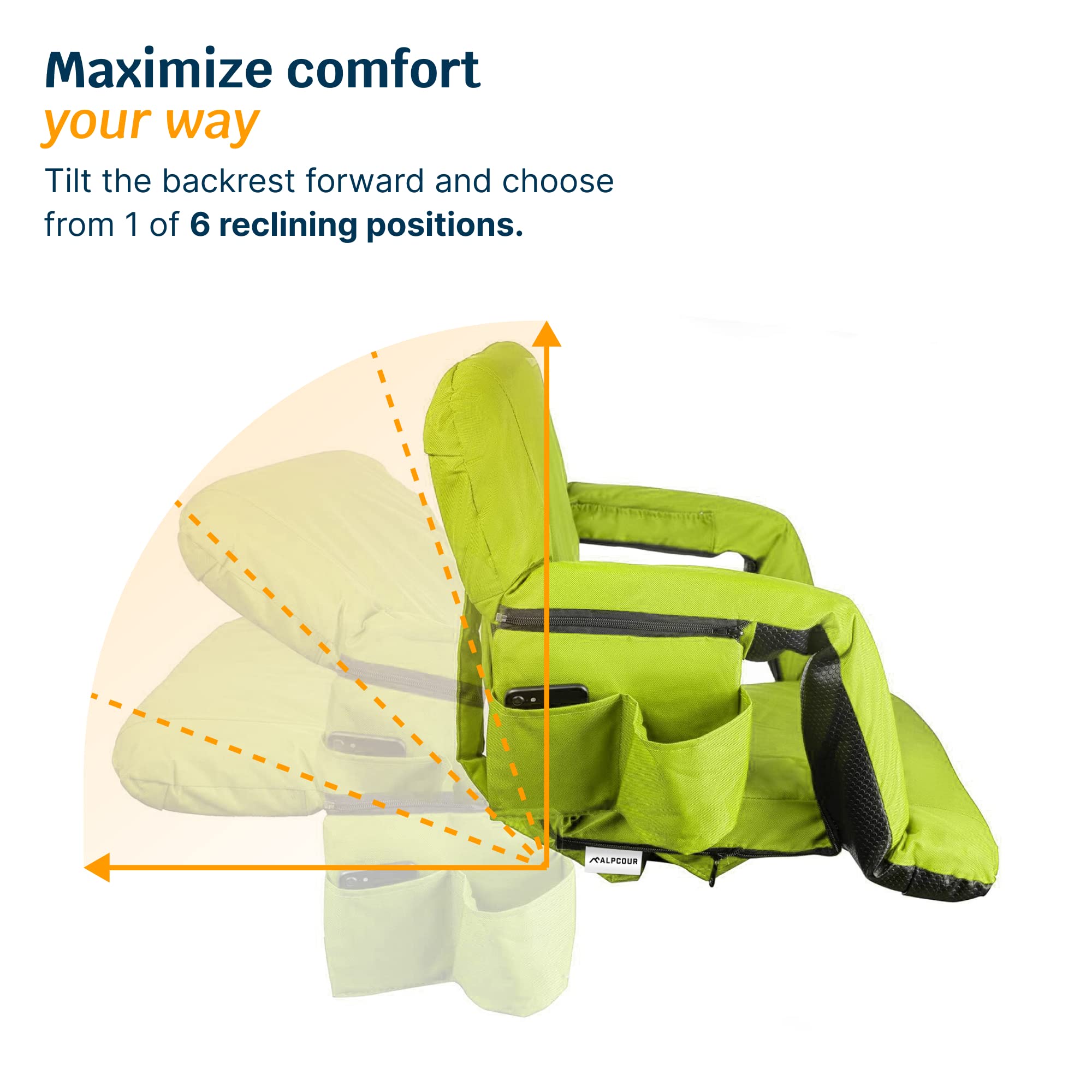 Alpcour Reclining Stadium Seat β Wide Bleacher Chair with Back Support and Cushion, Armrests, Side Pockets, and Bleachers Hook β Best Stadium Seats Chairs for Camping, Kayak, & Paddle Board Backs