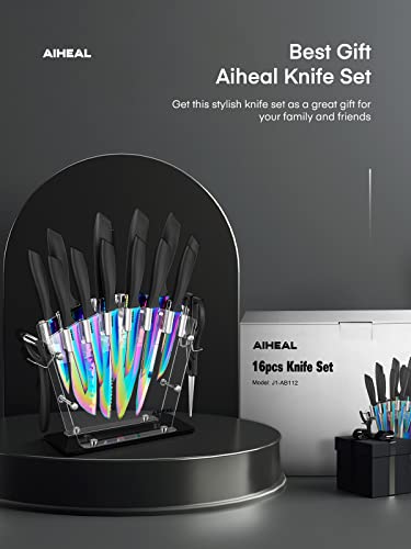 Aiheal Knife Set, 16 Pieces High Carbon Stainless Steel Rainbow Color Kitchen Knife Set, Titanium Coating Blade, No Rust and Super Sharp Cutlery Knife Set with Acrylic Stand and Kitchen Scissors, Gift