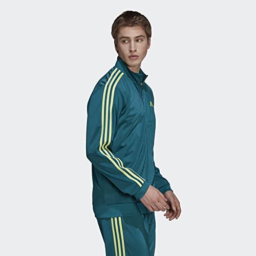 adidas Men's Regular Essentials Warm-Up 3-Stripes Track Jacket, Legacy Teal/Pulse Lime (Primegreen), Medium
