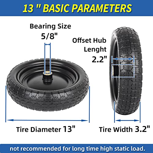 GICOOL 13-Inch Gorilla Cart Tire, Flat-free Solid Tire and Wheel Replacement, with 5/8" Axle Bore Hole, 2.2" Offset Hub for Wheelbarrow Garden Wagon Trolley Dolly Lawn Mover Go Kart