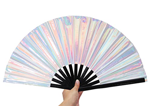 Gionforsy 1pcs Rave Hand Fan Bamboo Holding Hand Fan Large Folding Fan with Bright Color Fabric Folding Fan for Festival (1PC-Style4 Silver)
