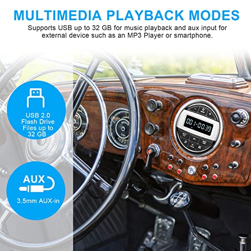 Bluetooth Marine Boat Radio Receiver: Waterproof Marine Gauge Stereo System - HD LCD Display AM FM Tuner MP3 AUX-in USB Built-in EQ