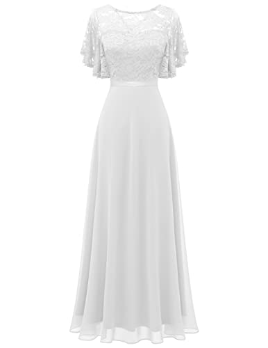 DRESSTELLS Long White Formal Dress Bridesmaid Homecoming Prom Party Dresses A-line Chiffon Wedding Dresses for Women V-Back Mother of The Bride Dress White L