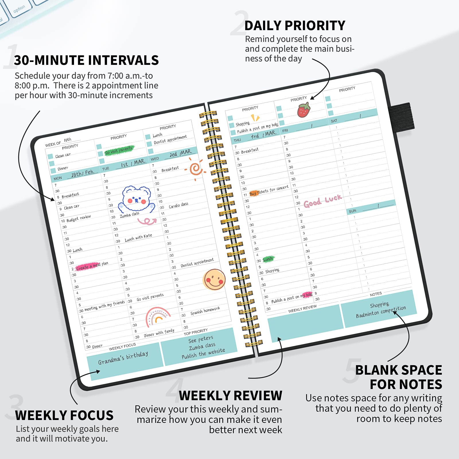 Appointment Book Undated Planner , Regolden-Book Daily Hourly Schedule Planner with 30-Minute Increments, Appointment Hardcover notebook with Weekly Templates, Hardcover, Spiral Binding Notebook for Man & Women, Pen Loop, Inner Pocket 53 Weeks (5.5x8.5”)